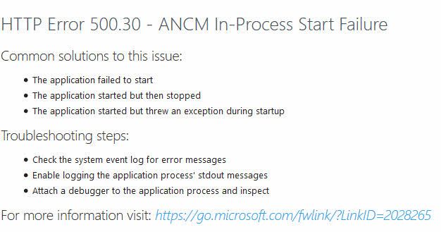 Solving HTTP Error 500.30 - ANCM In-Process Start Failure on Azure